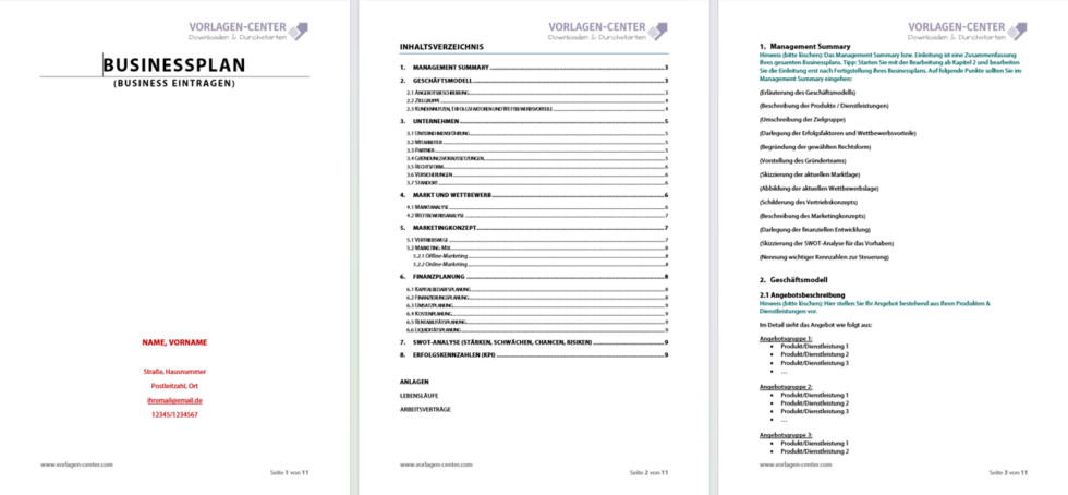 Businessplan Vorlage, kostenlose Muster und Beispiele - Vorlagen Center ...